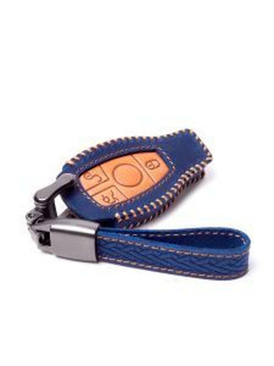 Чехол для автомобильного ключа Mercedes (Мерседес) Цвет Синий Нить Коричневая