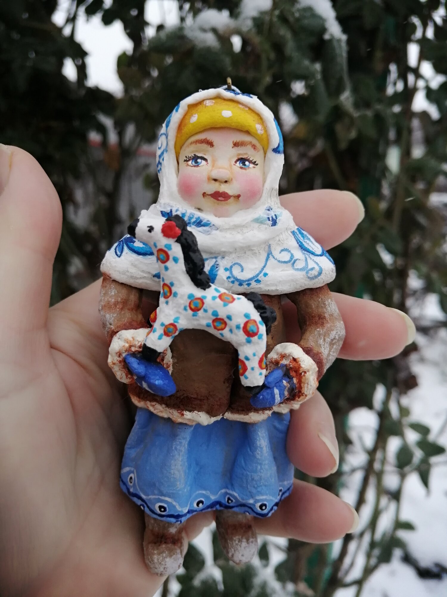 Ватная елочная игрушка Раечка с дымковский лошадкой. Ручная работа