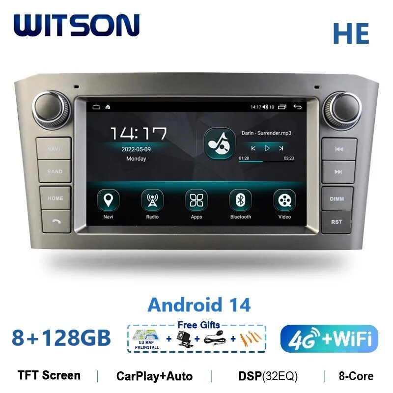 Автомагнитола WITSON на Android 14 для TOYOTA AVENSIS T25 2005 2006 2007 Carplay GPS Navi Мультимедиа Wi-Fi HE 8G128G Carplay S