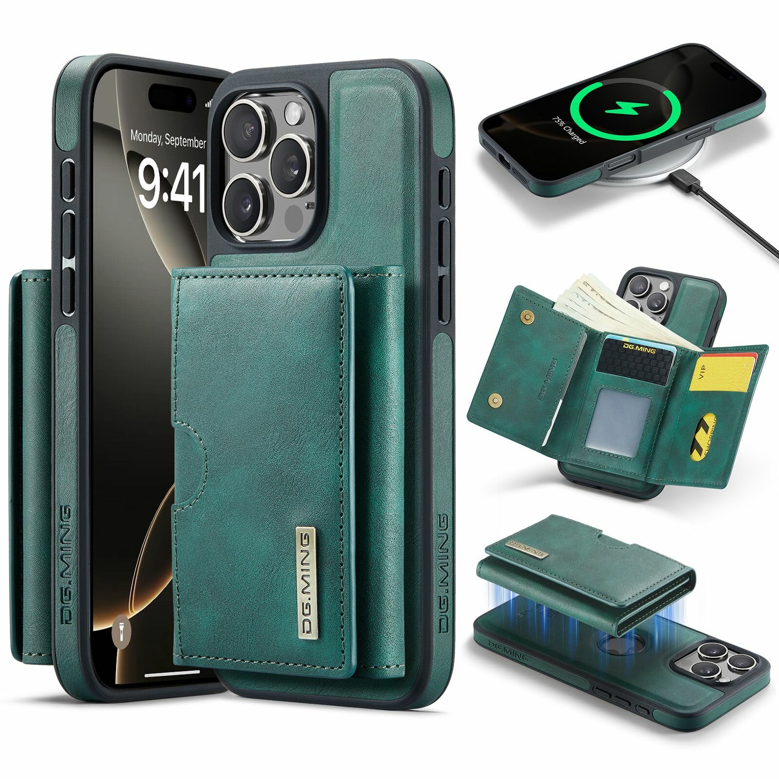 DG.MING Роскошный кожаный чехол для Apple iPhone 16Pro /Айфон 16 про магнитный держатель для карт, кожаный чехол-кошелек 2 в 1, съемный / беспроводная зарядка / блокировка RFID