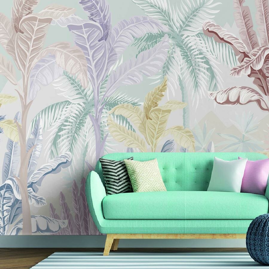 Фотообои Разноцветные тропические листья 14-432-S-Песок 270 x 200 см (ВхШ) Метровые, флизелиновые, влагостойкие обои