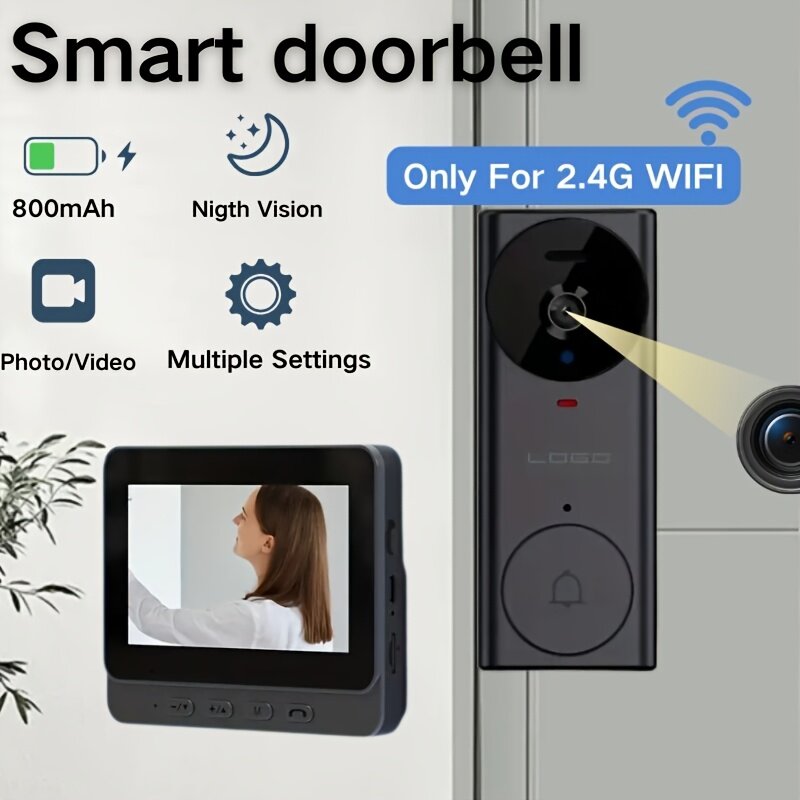 1 шт. Умный Видеодверной Звонок с Дисплеем, 2.4G WiFi, Инфракрасное Ночное Видение, Перезаряжаемая Батарея 800 мАч, Крепление на Стену, Фото и Видеозапись, Слот для SD Карты