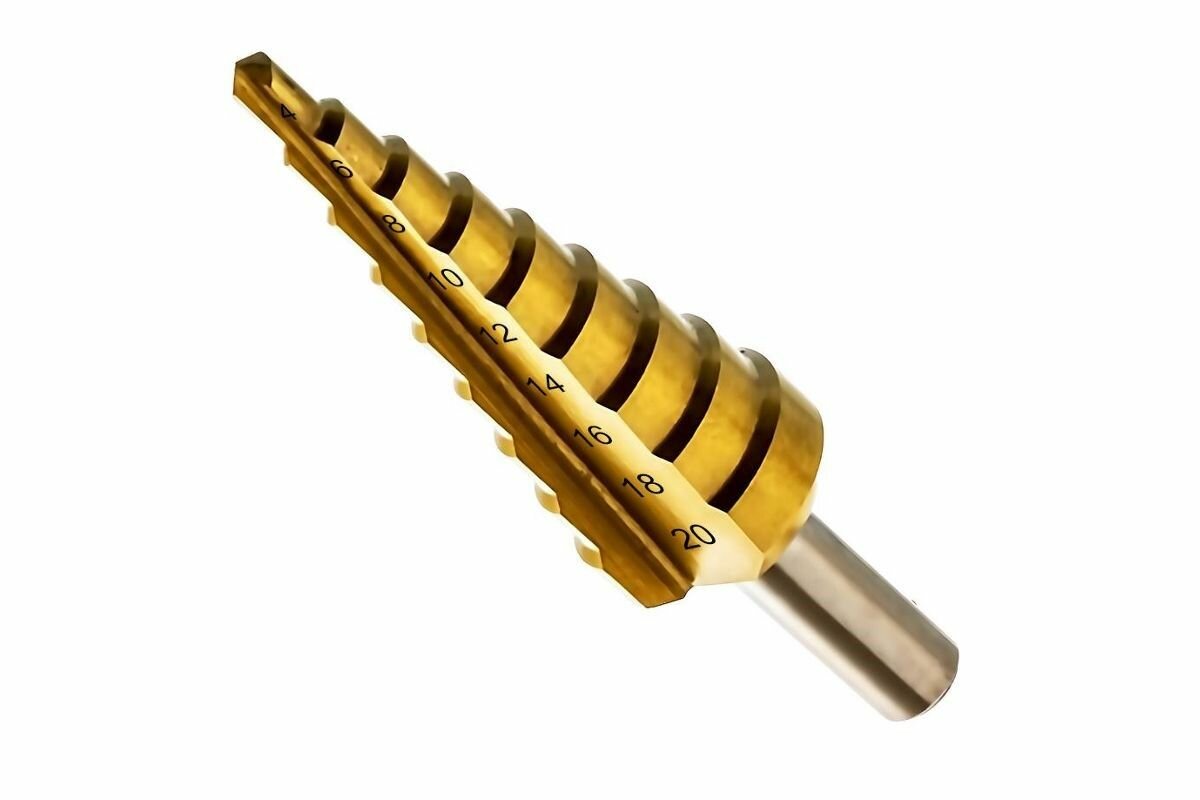 Сверло ступенчатое Titanium-Coated 4-20mm, для металла, HSS, быстрозажимной хвостовик, 80 мм