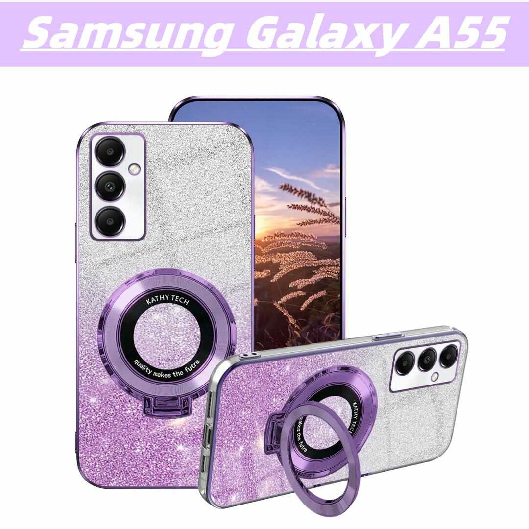 Чехол на Samsung A55(Самсунг Гэлак A55) с Блестками / фиолетовый / Блестящий / Силиконовый со стразами, сПопсокет кольцо иЗащитой Камеры. чехол золотистый женский.