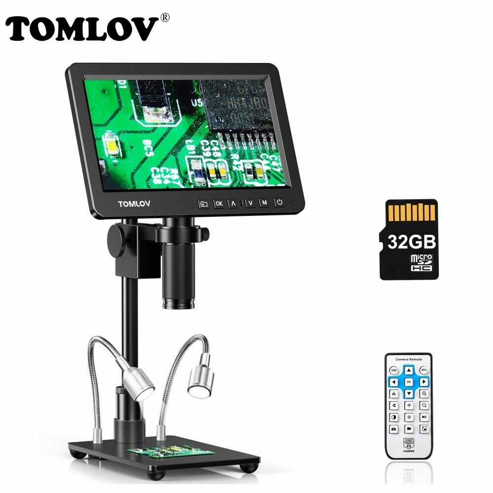 Цифровой электронный микроскоп TOMLOV DM209, ЖК-дисплей 7 дюймов, HDMI, 26мп, 1200X, лупа непрерывного усиления, инструмент для пайки, печатной платы