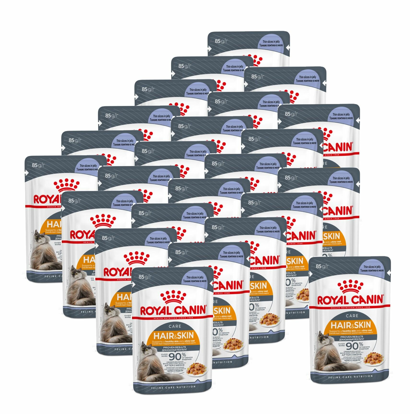 Royal Canin Hair&Skin Care влажный корм для взрослых кошек, для поддержания здоровья кожи и красоты шерсти, тонкие ломтики в желе, в паучах - 85 г х 24 шт.
