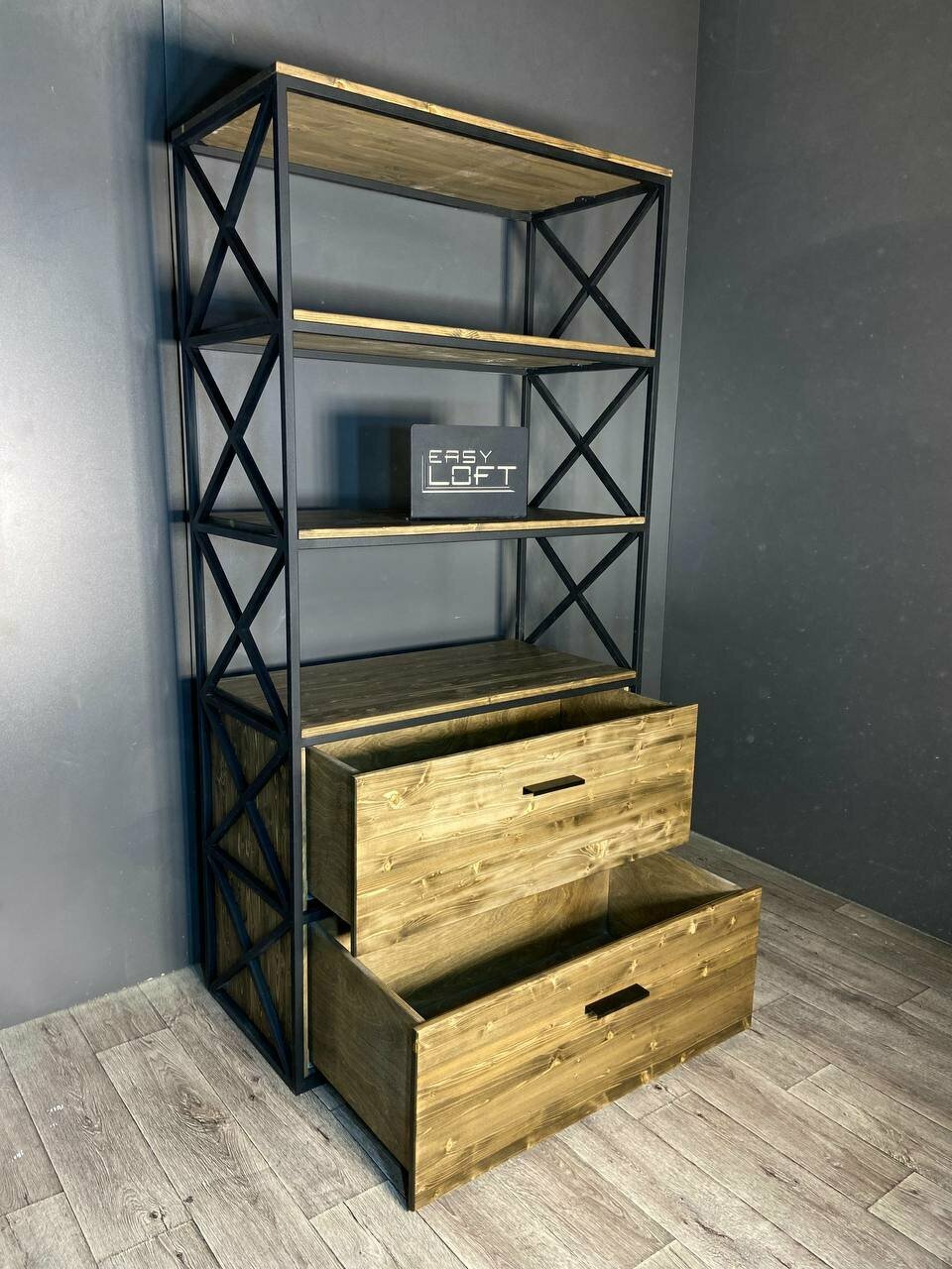 Стеллаж "EasyLOFT" в стиле лофт из массива хвойных пород, с полками открытого типа и ящиками, 100х50х200 см.