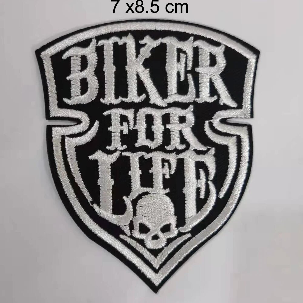 Нашивка "Biker For Life" с черепом, 7x8.5 см, черная