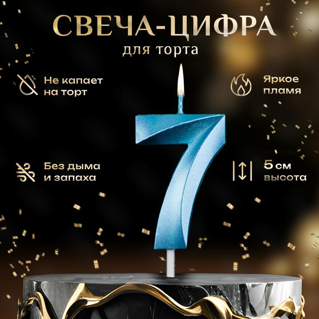 Свеча для торта цифра 7 голубая, свечи на торт на день рождения и юбилей, фигурная