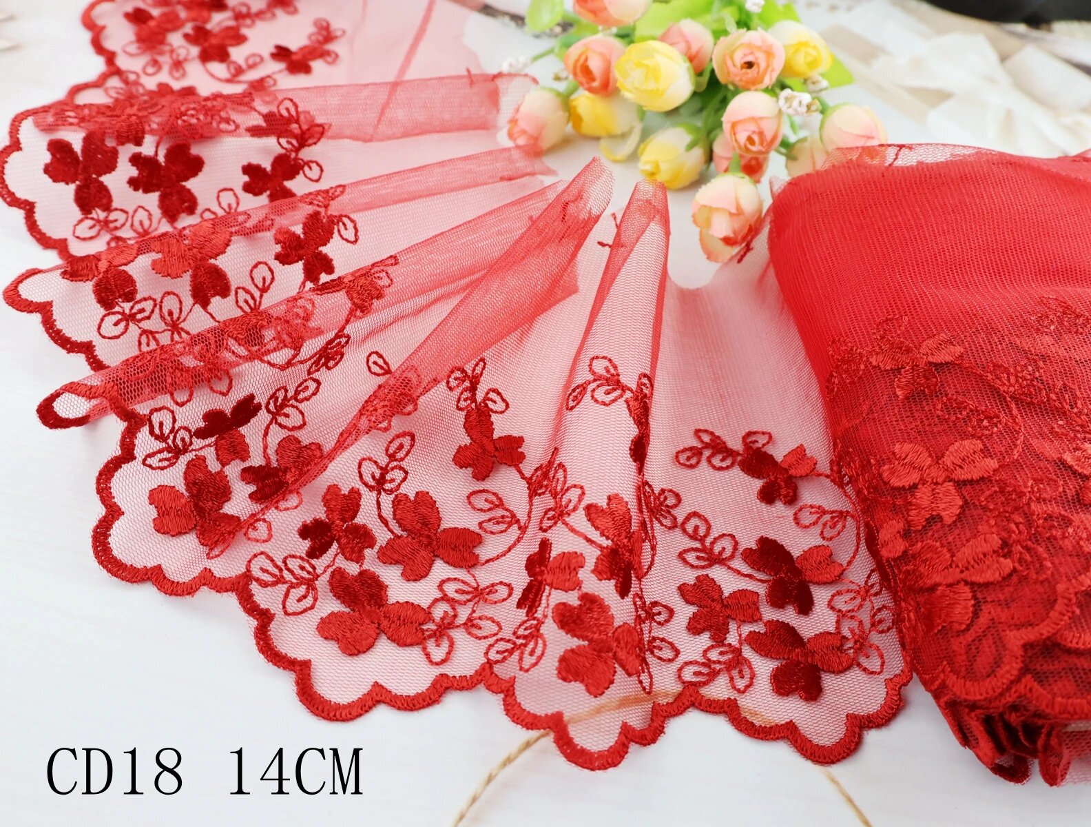 Красный тюль с кружевом CD18, 14 см