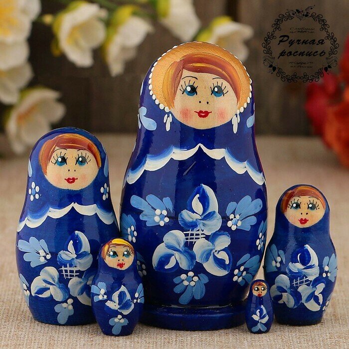 Матрёшка "Гжель", синее платье, 5 кукольная, 10 см