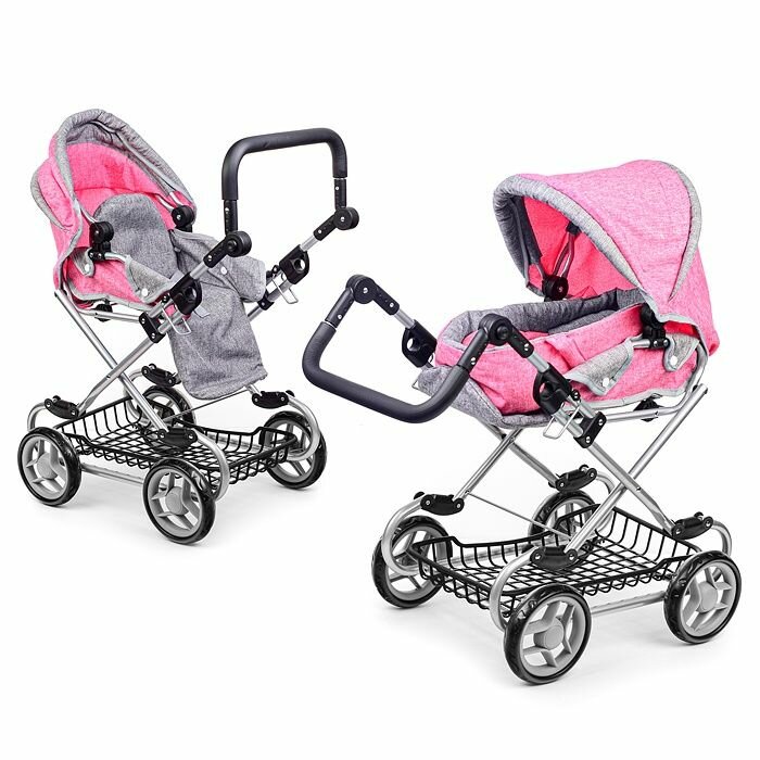 Коляска для кукол Melobo зима-лето, металл, с люлькой-переноской и корзиной, серо-розовая