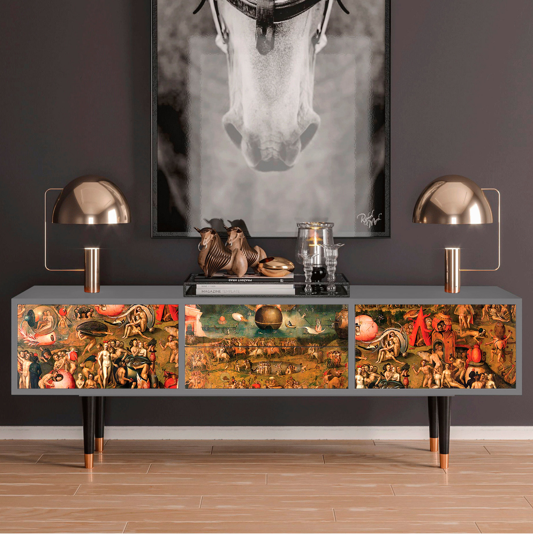 ТВ-Тумба - STORYZ - T4 Garden of Earthly Delights by Hieronymus Bosch, Размер - 170 x 59 x 48 см, Цвет корпуса - , Серый