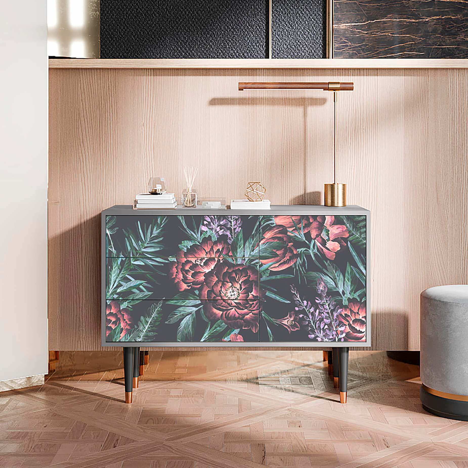Комод - STORYZ - S3 Dark Peonies, Размер - 115 x 84 x 41 см, Цвет корпуса - , Серый
