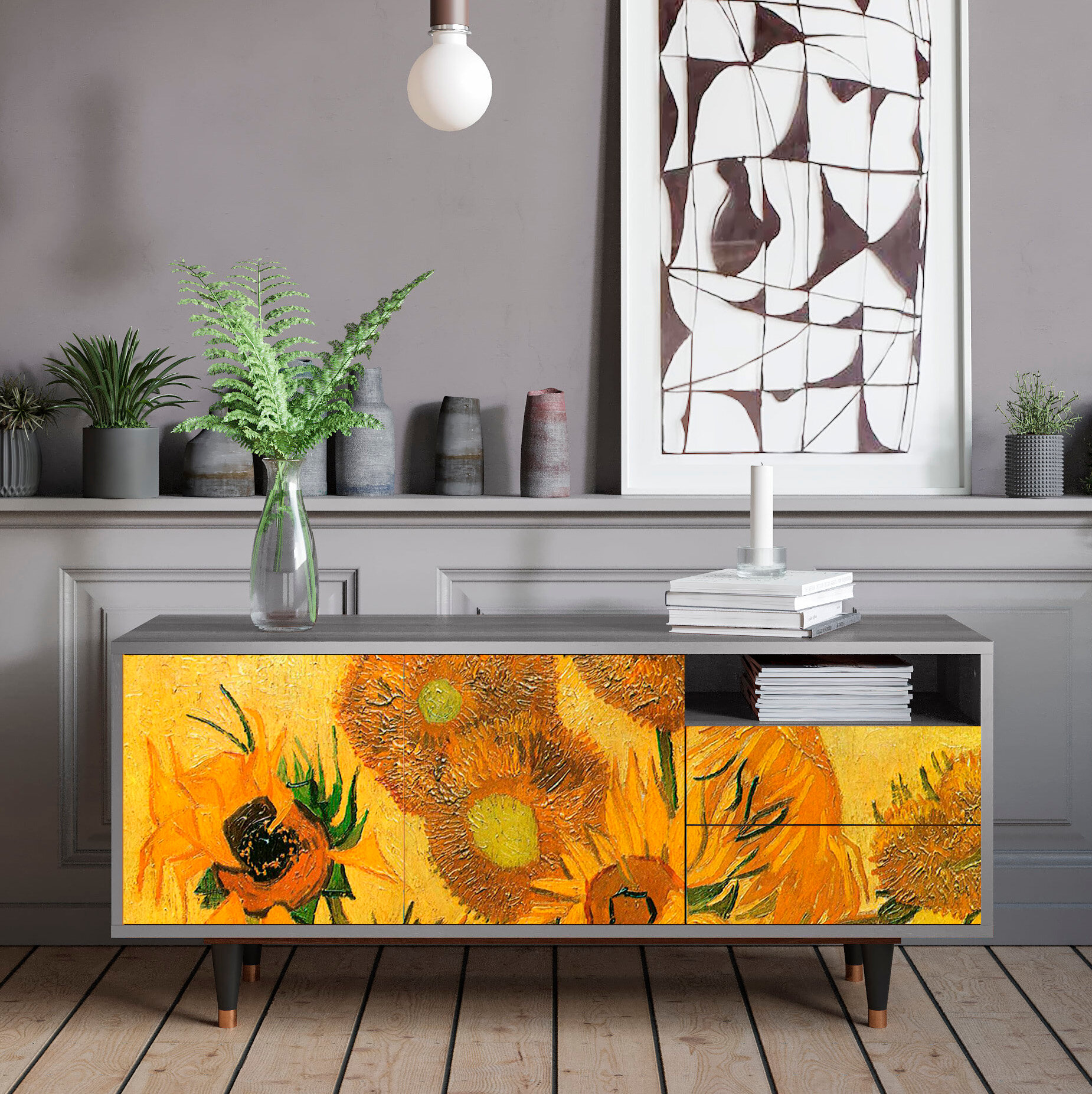 ТВ-Тумба - STORYZ - T7 Sunflowers by Vincent Van Gogh, Размер - 125 x 56 x 41 см, Цвет корпуса - , Серый