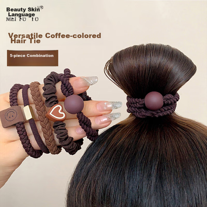 Meifuyu Versatile Brown Fashionable Hair Ties (5-Pack), Hair Bands, Ponytail Holders, Elastic Hair Bands, MF8306