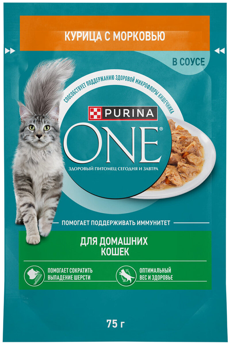 PURINA ONE для взрослых кошек живущих дома с курицей и морковью (75 гр х 26 шт)