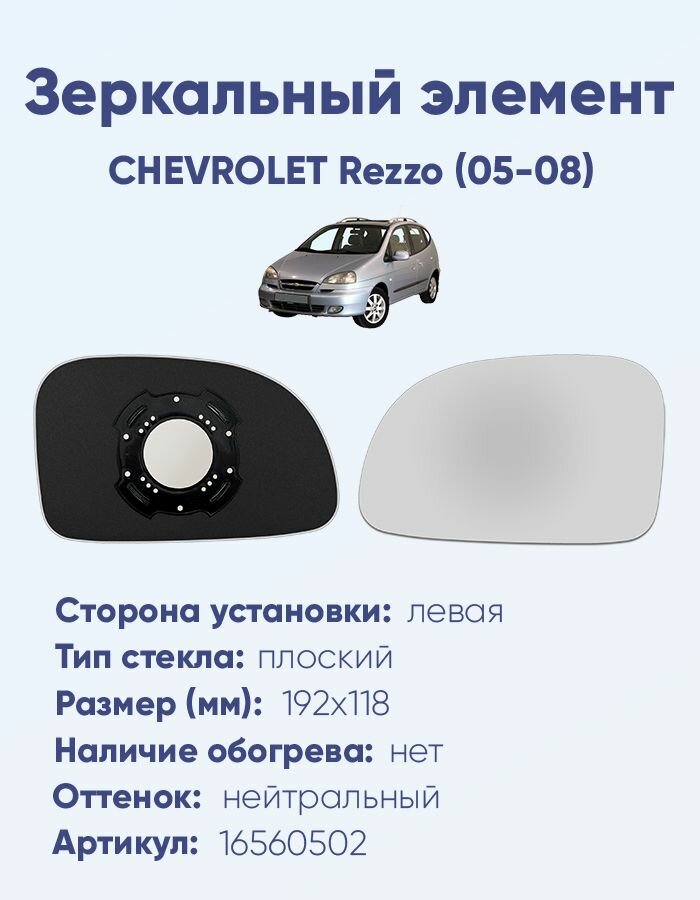 Зеркальный элемент левый CHEVROLET Rezzo (05-08) плоский нейтральный без обогрева