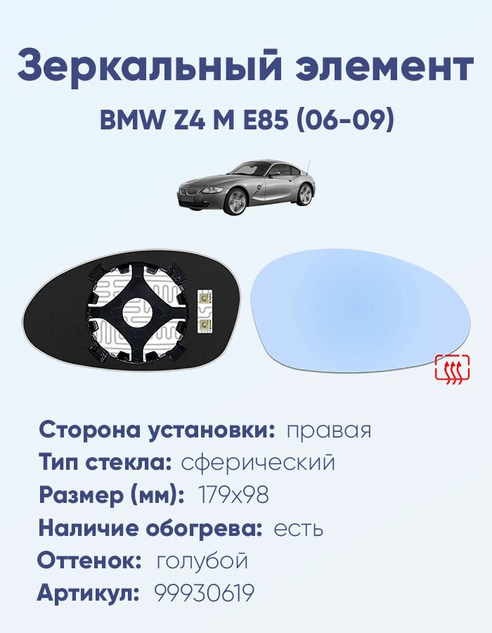 Зеркальный элемент правый BMW Z4 M E85 (06-09) сфера голубой с обогревом