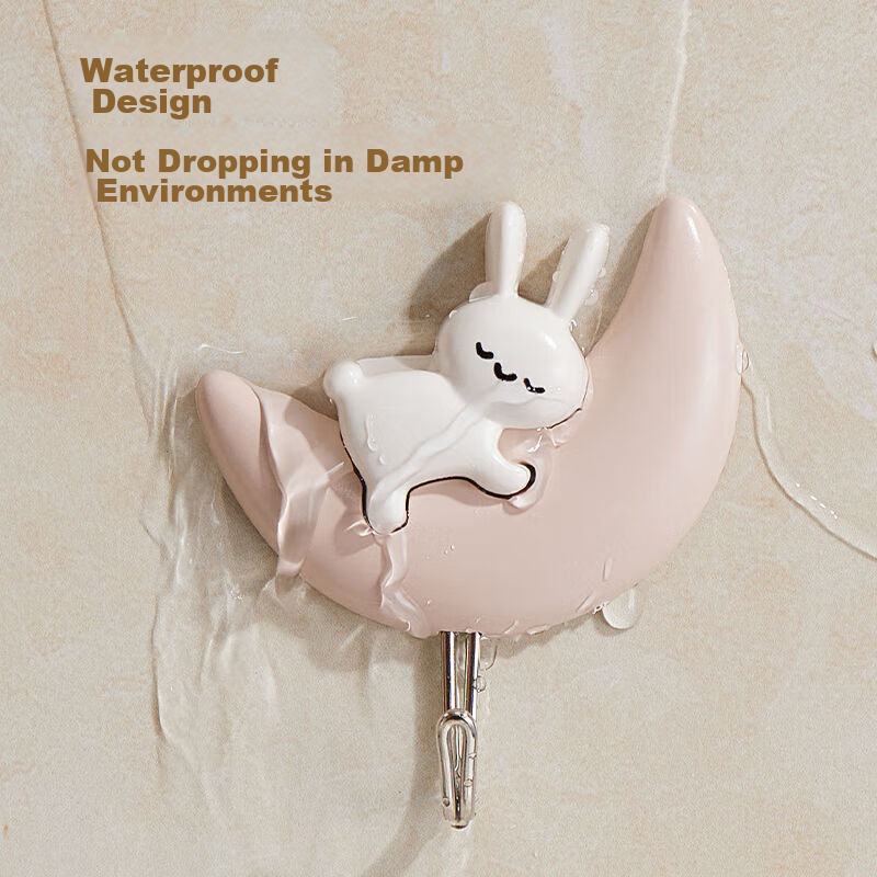 Fanyejia Rabbit Hooks, 8-Pack, Self-Adhesive, for Bathroom, Dormitory, Door Back, Cartoon Moon Design, No Drilling Required, Wall-Mounted