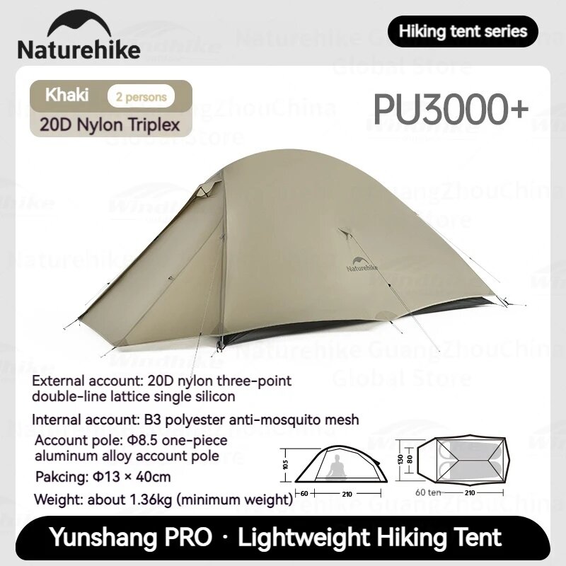 Палатка Naturehike Cloud Up Pro для 1/2 человек, 20D нейлон, двойной слой, легкая, для походов, водонепроницаемая, быстроустанавливаемая, туристическая, вентилируемая - Хаки - Двойная