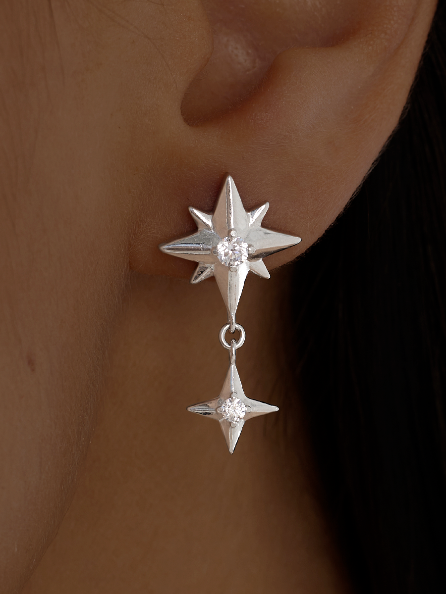 Серьги пусеты, серебро, 925 проба, родирование, фианит