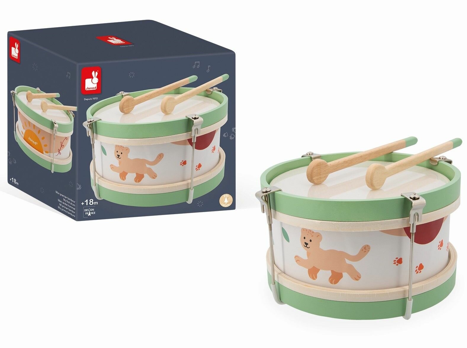 JANOD Барабан детский музыкальный инструмент Сияй! с палочками для детей от 1,5 лет
