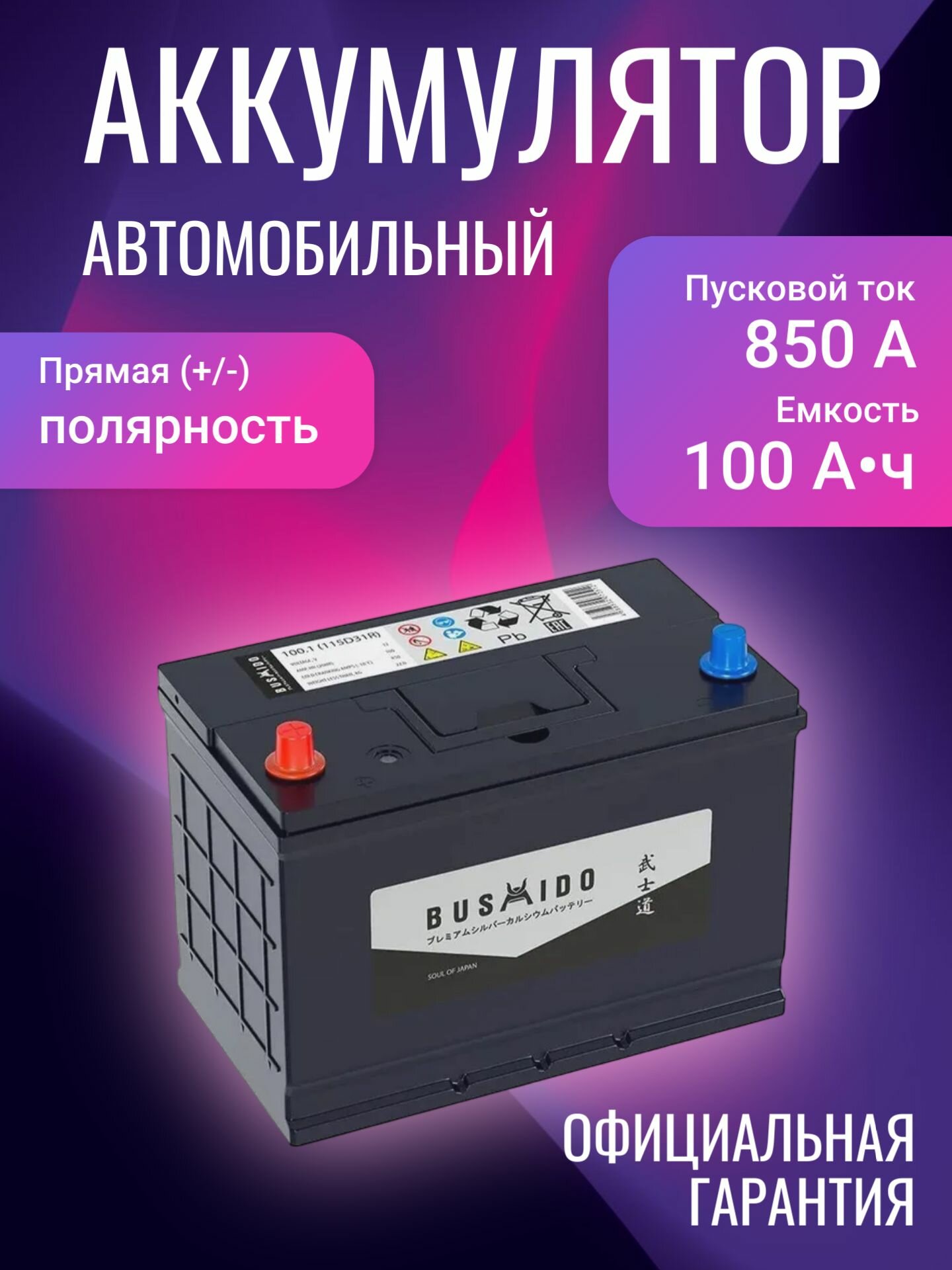 Аккумулятор автомобильный Bushido SJ 115D31R 12В 100Ач 850А, Прямая полярность