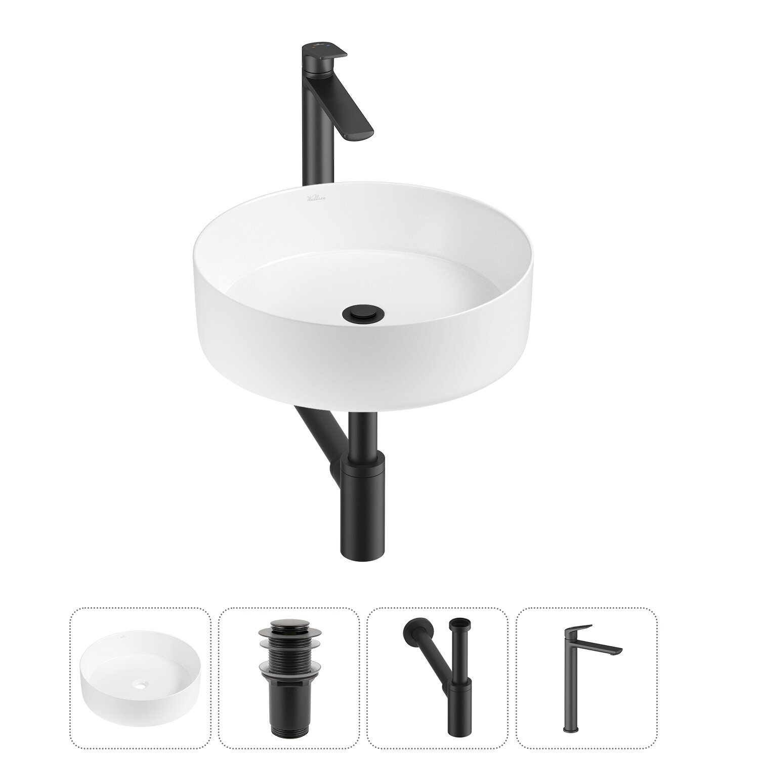 Накладная раковина в ванную комнату Wellsee Coax 20213888R в наборе 4 в 1: раковина 36 см в цвете белый глянец, донный клапан, сифон, смеситель (цвет набора матовый черный)