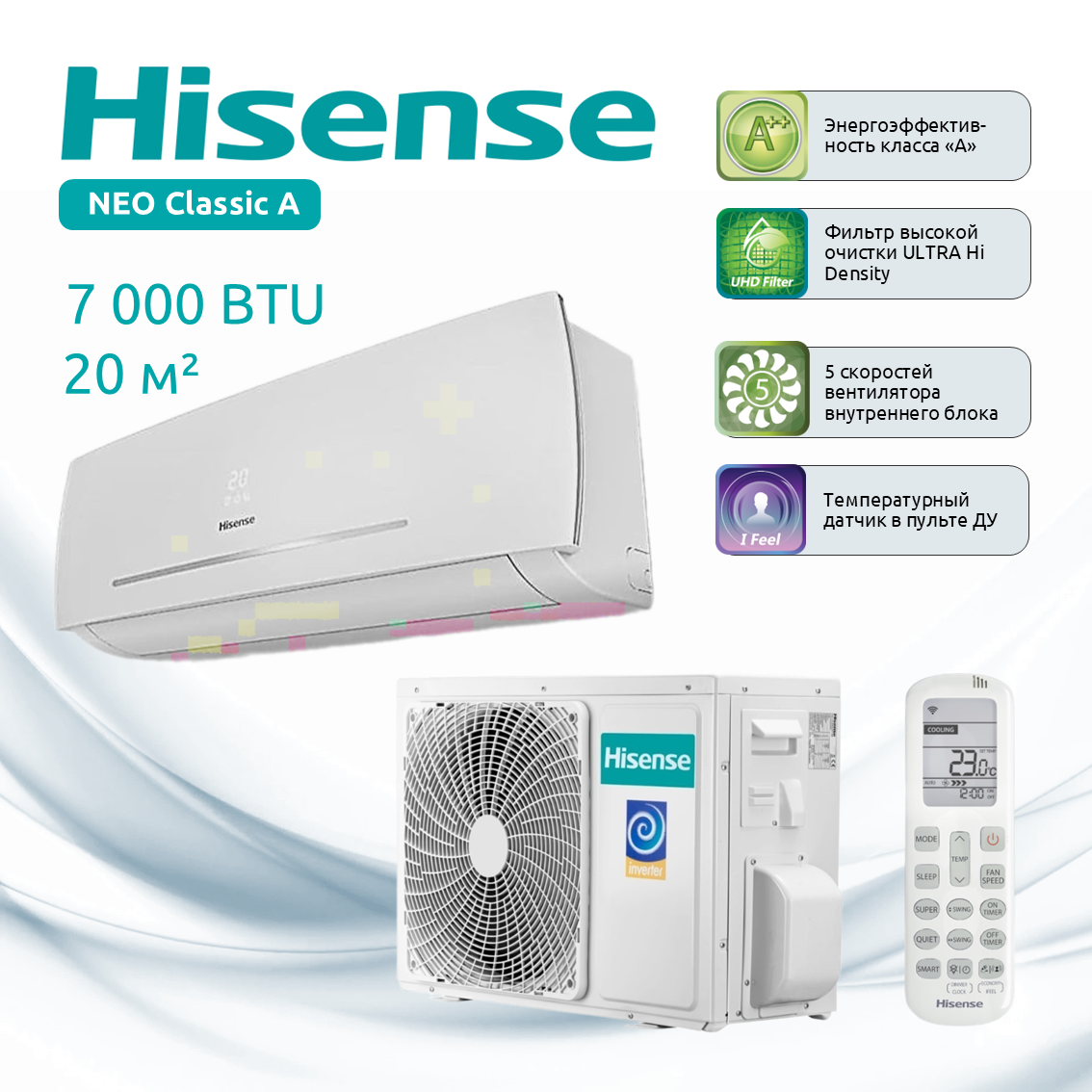 Классический кондиционер Hisense NEO Classic A AS-07HR4RYDDC00 на 2 кВт (до 20 м2), A, белый
