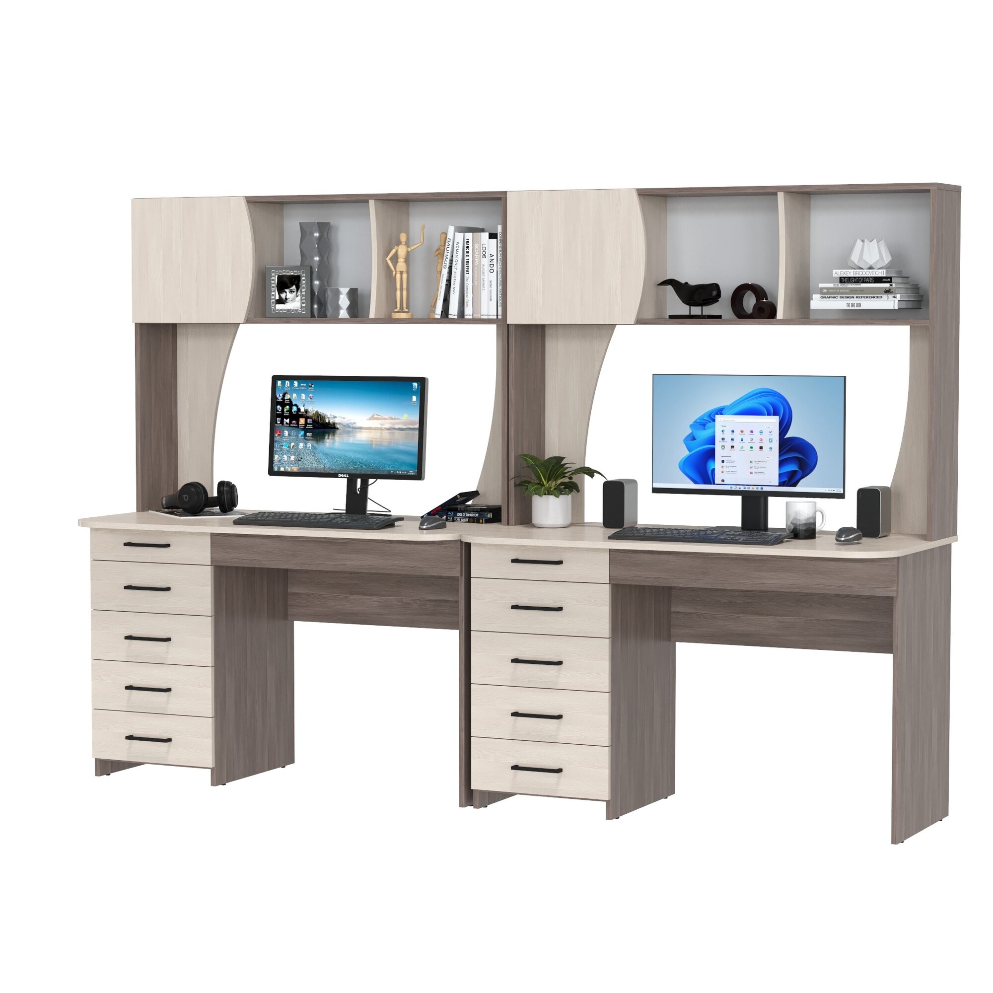 Два стола рабочих Гранд Кволити Сигма для двоих, бодега тёмный/светлый, 241х60,5х166 см.