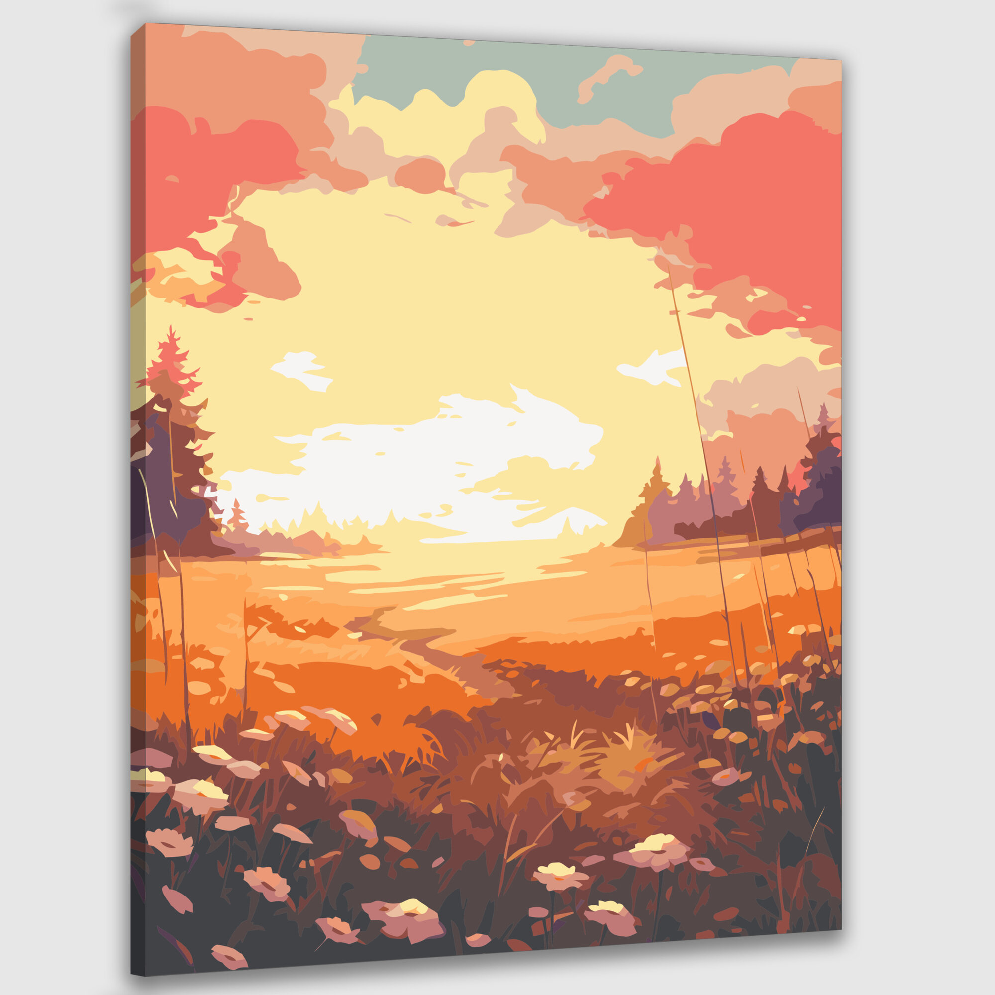 Картина по номерам 40x50 см, картина, иллюстрация, гуашь, луг, закат, пастельные тона, ветерок, полевые цветы