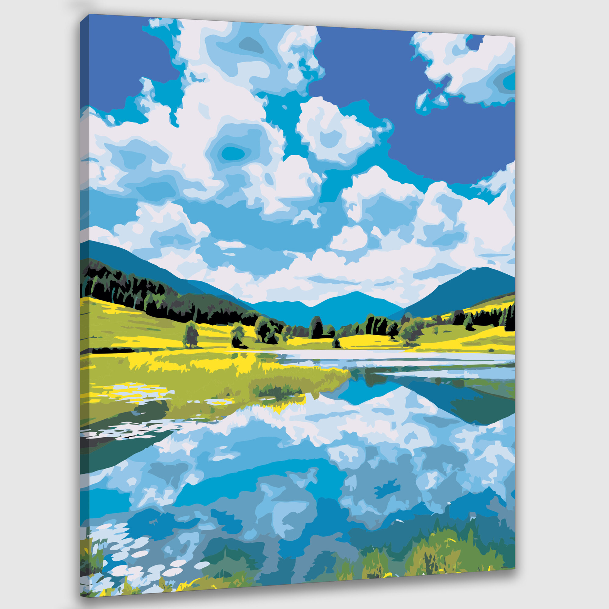 Картина по номерам 40x50 см, фотография, летний пейзаж, озеро, холмы, горы, небо, облака, вода, спокойствие, f, 8
