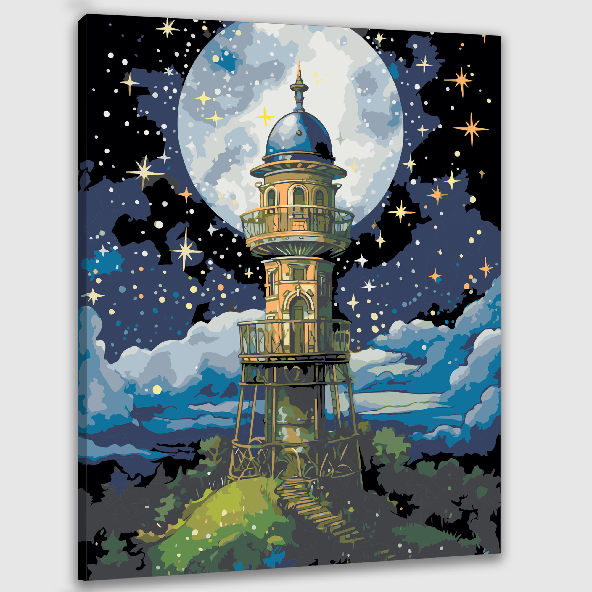 Картина по номерам 40x50 см, акварельная картина, телескоп, холм, сельская местность, ночное небо, звезды, мазки кисти