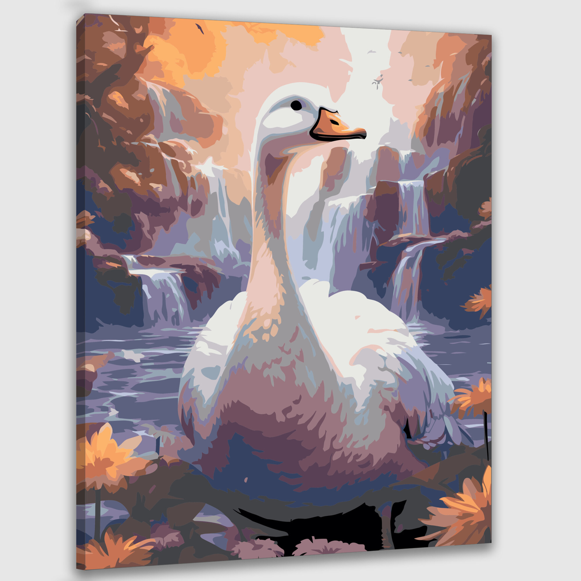 Картина по номерам 40x50 см, гусь, радужные перья, фантастический мир, плавучие острова, каскадные водопады