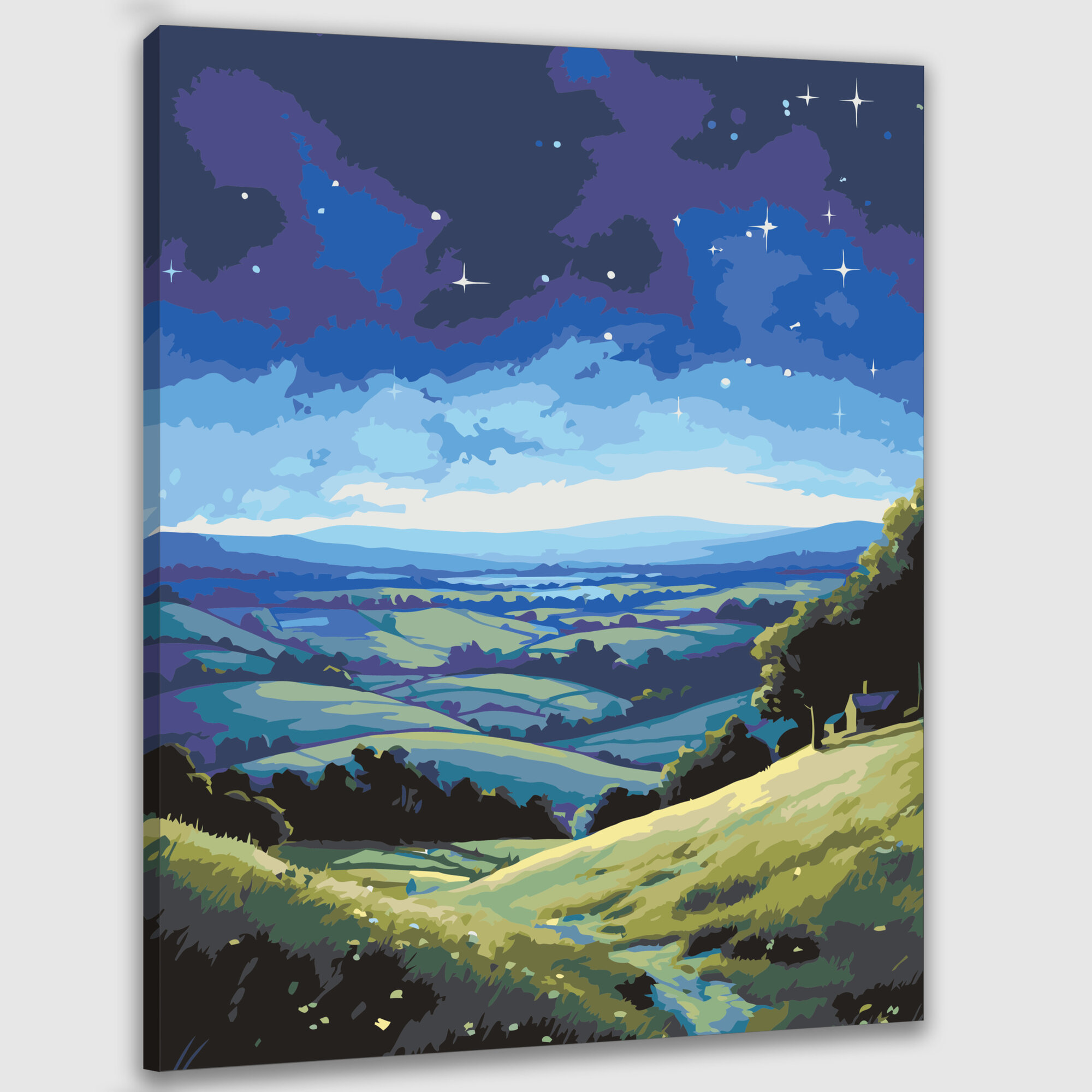 Картина по номерам 40x50 см, акварельная картина, сельская местность, ночь, полумесяц, звезды, фермерский дом, холмы