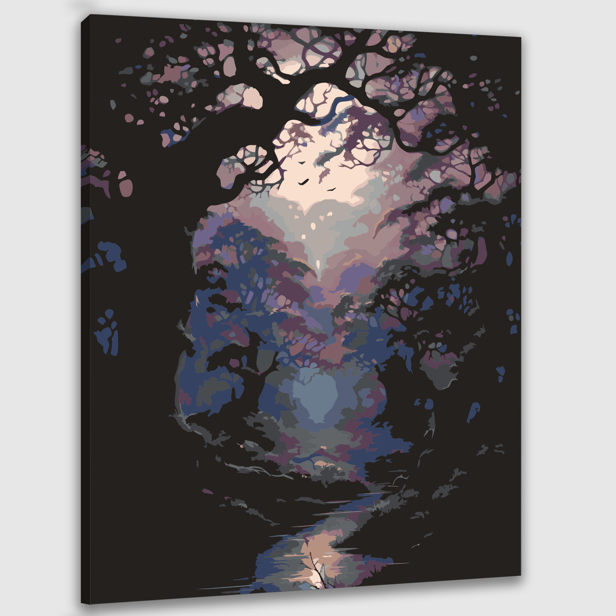 Картина по номерам 40x50 см, картина, масло, лес, лунный свет, вороны, темные цвета, мягкое сияние, луна, дуб, ветви