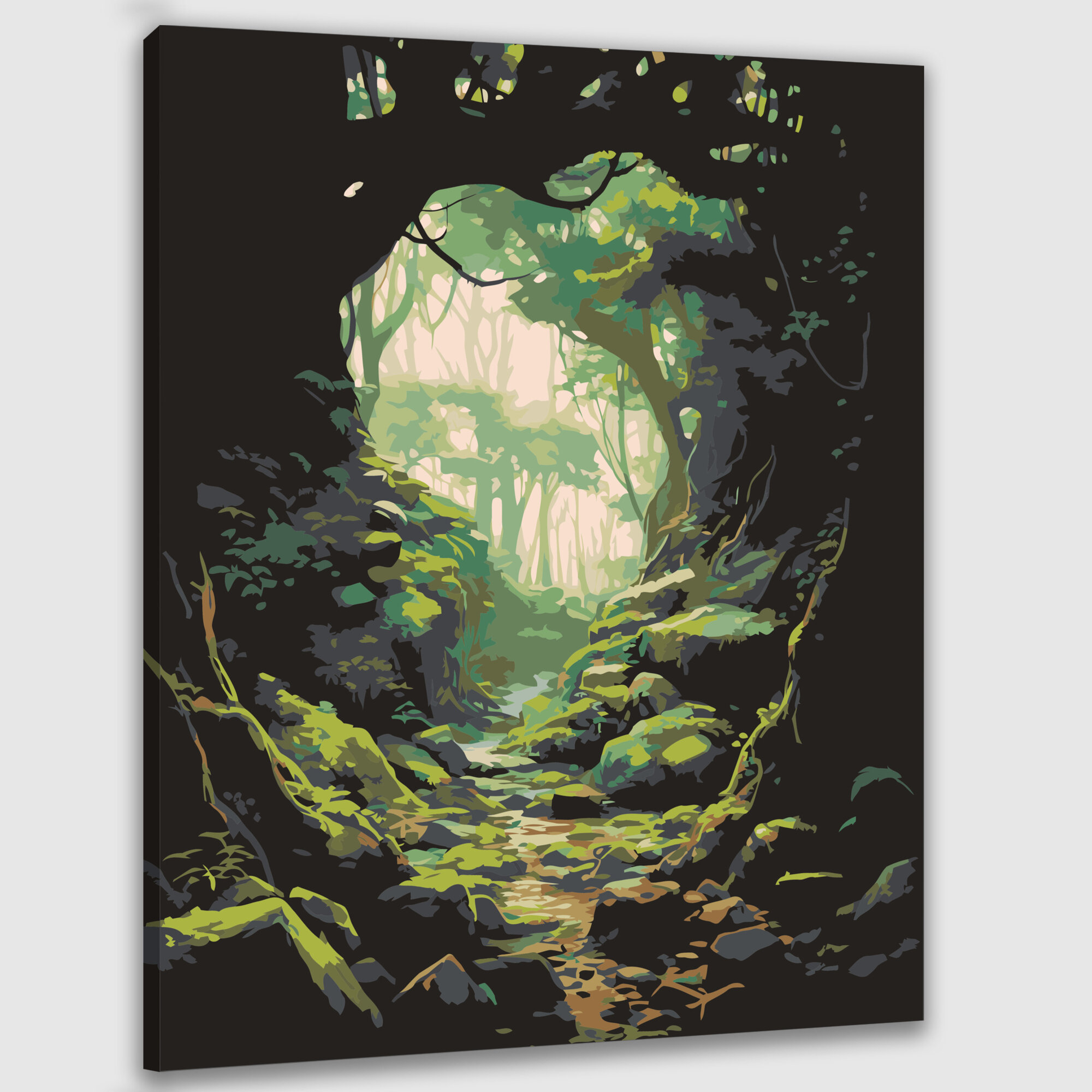 Картина по номерам 40x50 см, картина маслом, пещера, дерево, корни, укрытие, свет, листва, земля, мох, узловатая кора