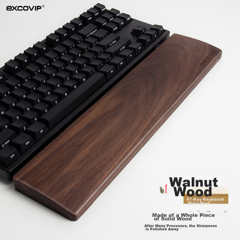 EXCO Walnut Wood Original Cut Solid Wood Short Keyboard Tray Mechanical Keyboard Handrest 87-Key Computer Palm Rest Mouse Pad Wrist Pad Gaming Wooden Wrist Support 84-Key Model 9543