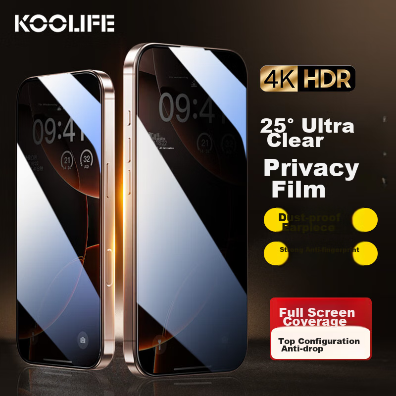 KOOLIFE Compatible with Apple 16 Pro Tempered Glass Screen Protector, Privacy Protection, IPhone 16 Pro Phone Film, Dust-Proof, Shockproof, 16 Pro Protective Film, Full Screen Coverage, Glass Anti-Peeping