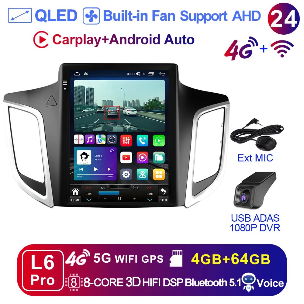LEHX Pro 4G для экрана в стиле Tesla Android 14, автомобильное радио для Hyundai Creta IX25 2015-2019, мультимедийный Carplay, 2Din, GPS, стерео L6 Pro(4-64GB)DVR