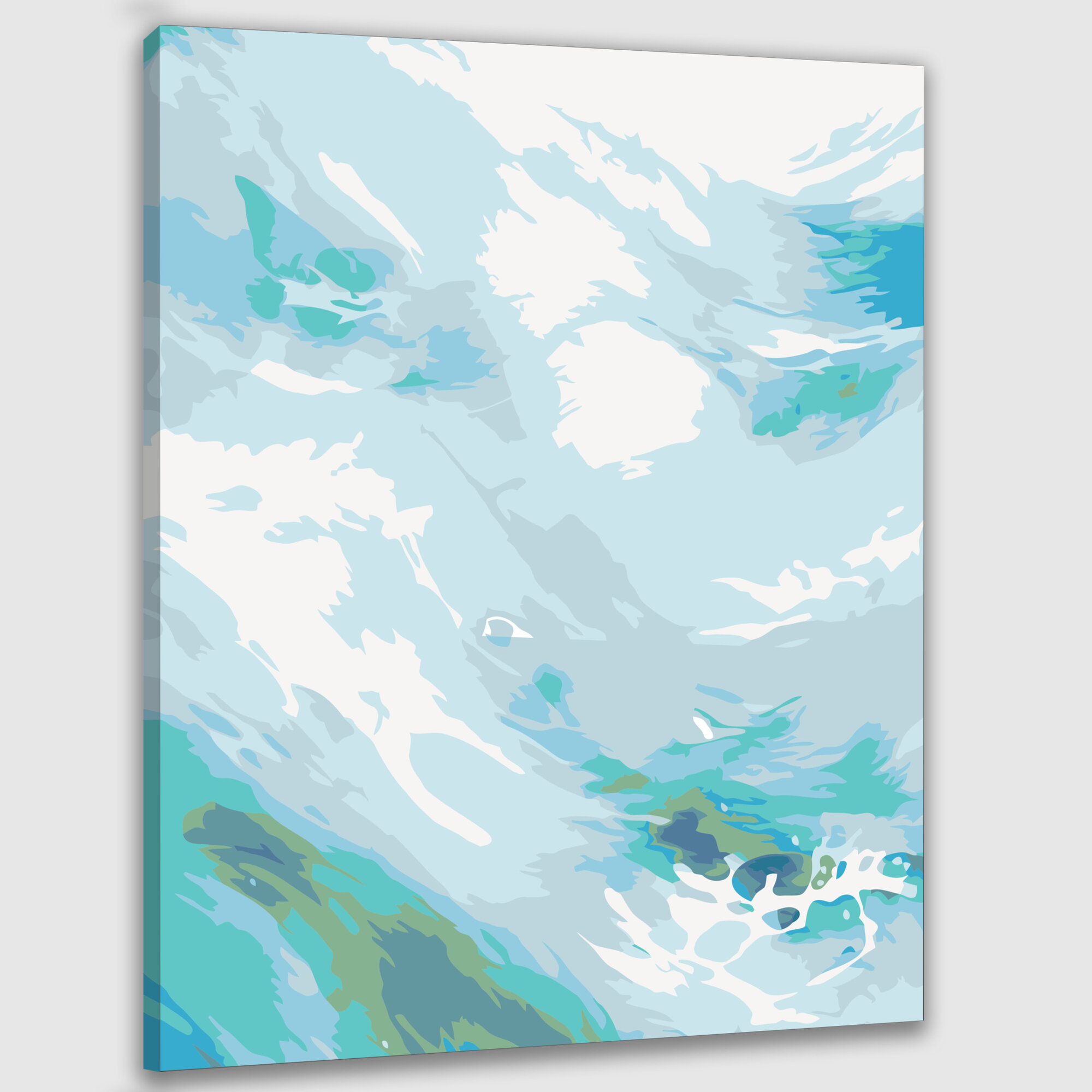 Картина по номерам 40x50 см, вода, море, танец, оттенки, синий, зеленый, свет, солнце, поверхность, рыбы, волны, чайки