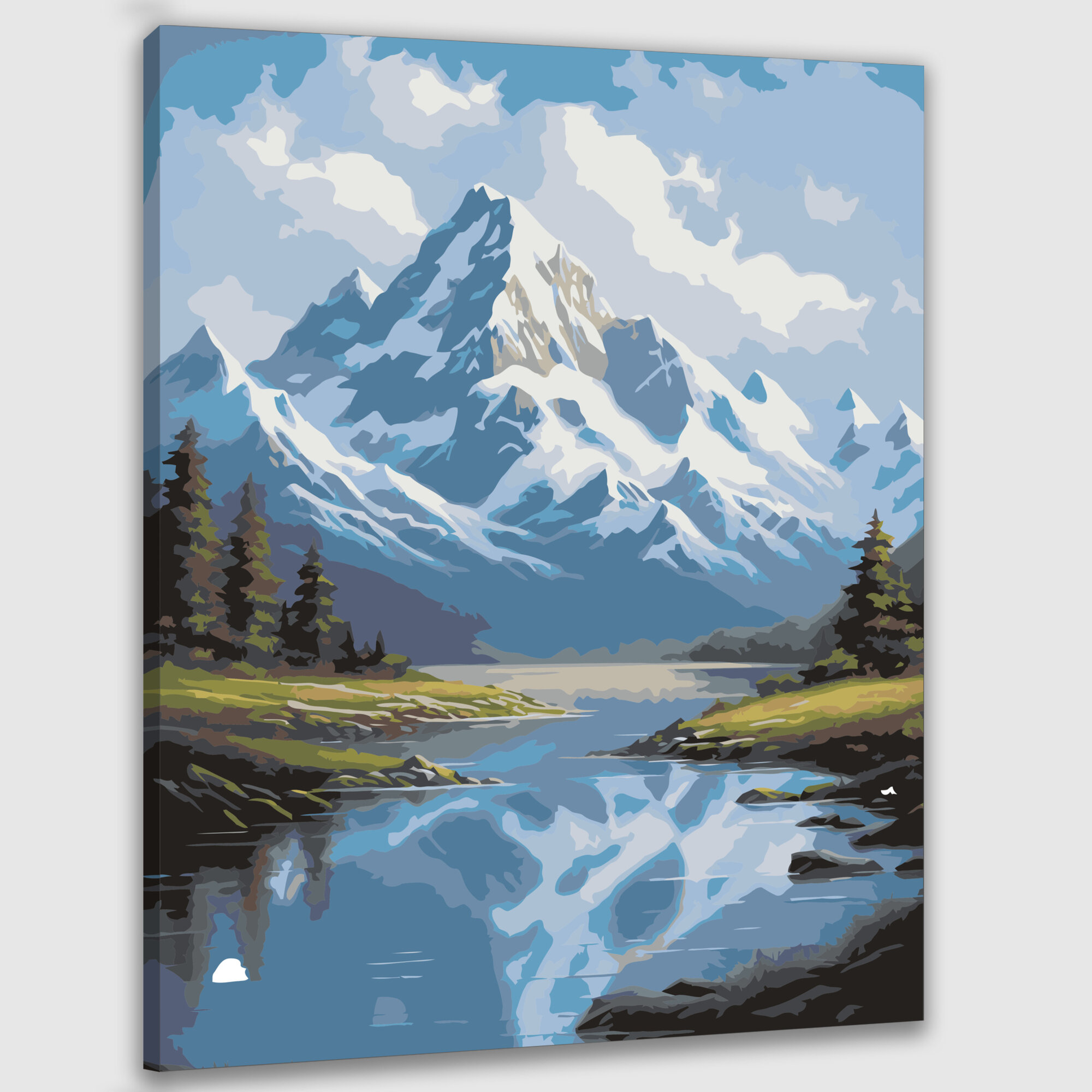 Картина по номерам 40x50 см, картина маслом, пейзаж, горы, заснеженные, небо, озеро, отражения, облака, композиция