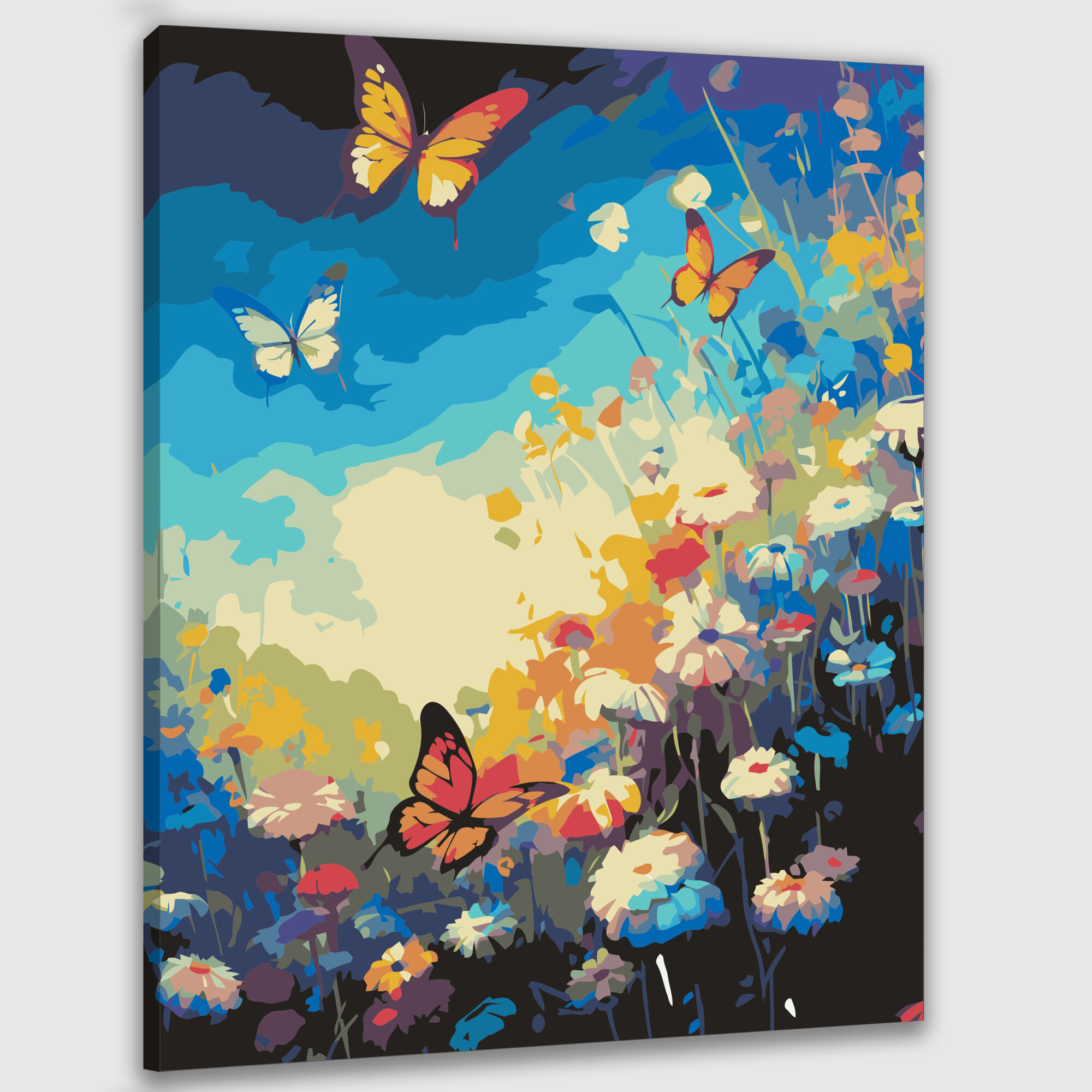Картина по номерам 40x50 см, цифровая картина, живописный луг, разноцветные бабочки, полевые цветы, порхание