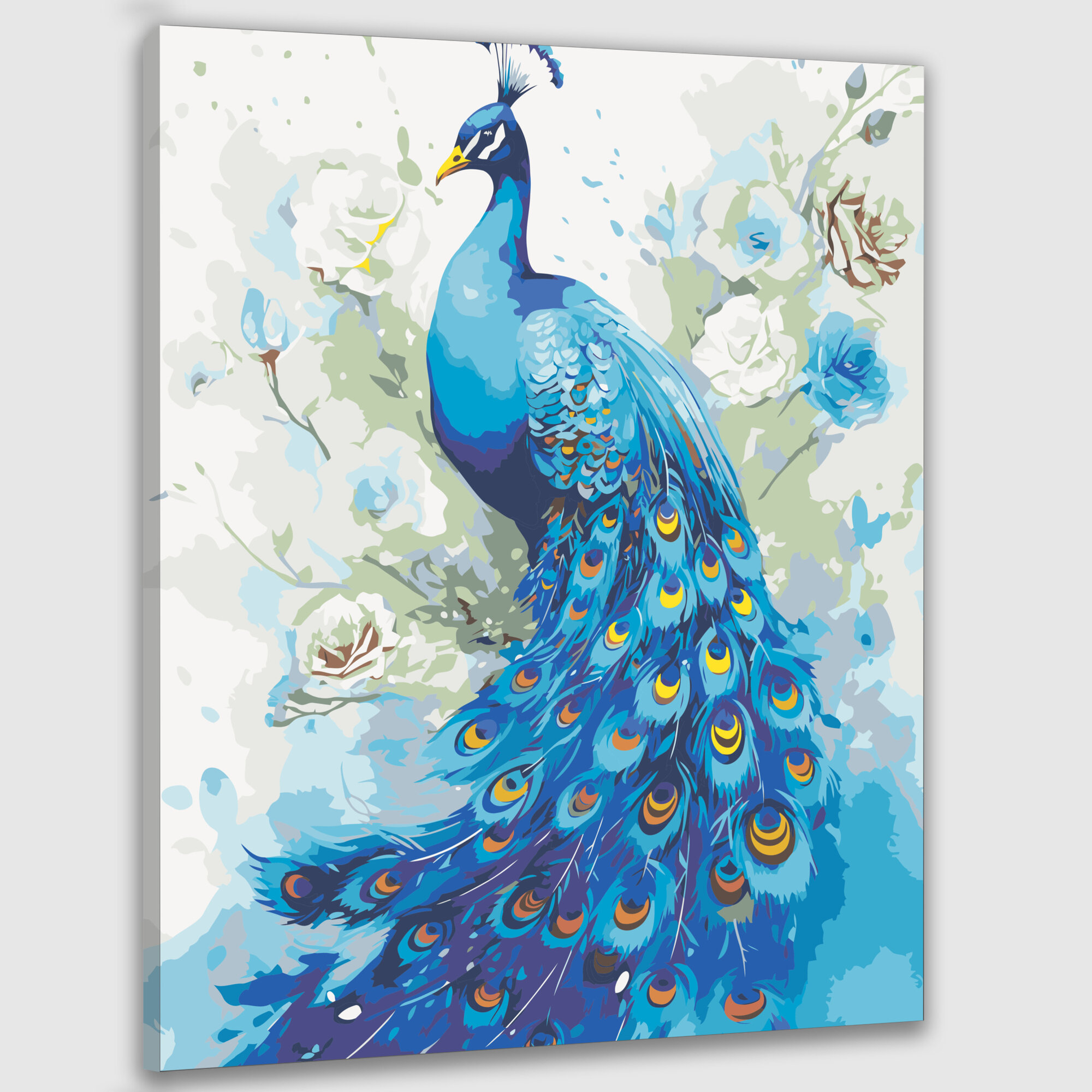 Картина по номерам 40x50 см, павлин, оперение, акварельная иллюстрация, мазки кисти, демонстрация, яркий, свет