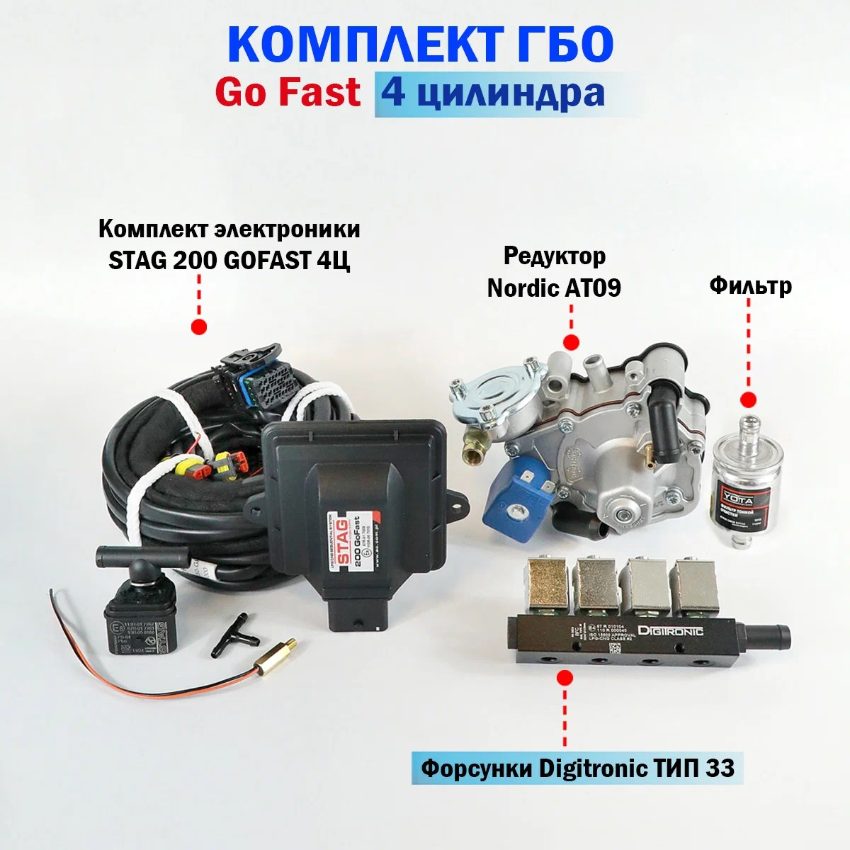 Комплект ГБО (4 цилиндра): GoFast, Nordic AT09, Тип 33, фильтр