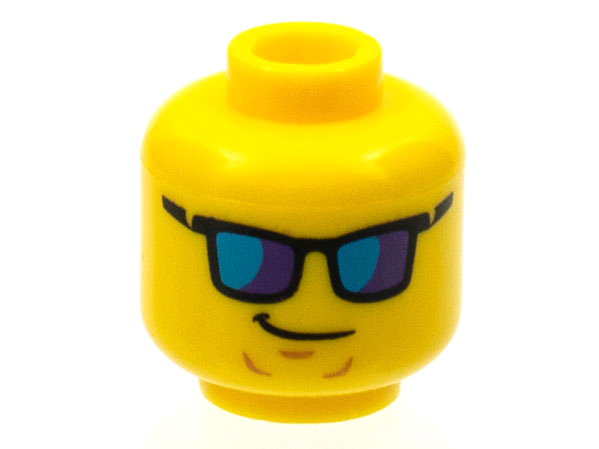 Minifigure, Head Glasses with Blue Sunglasses and Crooked Smile Pattern, 3626pb1182 Yellow U
