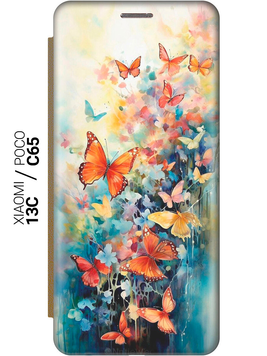 Чехол-книжка на Xiaomi Redmi 13C / Poco C65 / Сяоми Редми 13С / Поко С65 с рисунком "Бабочки акварелью" золотой