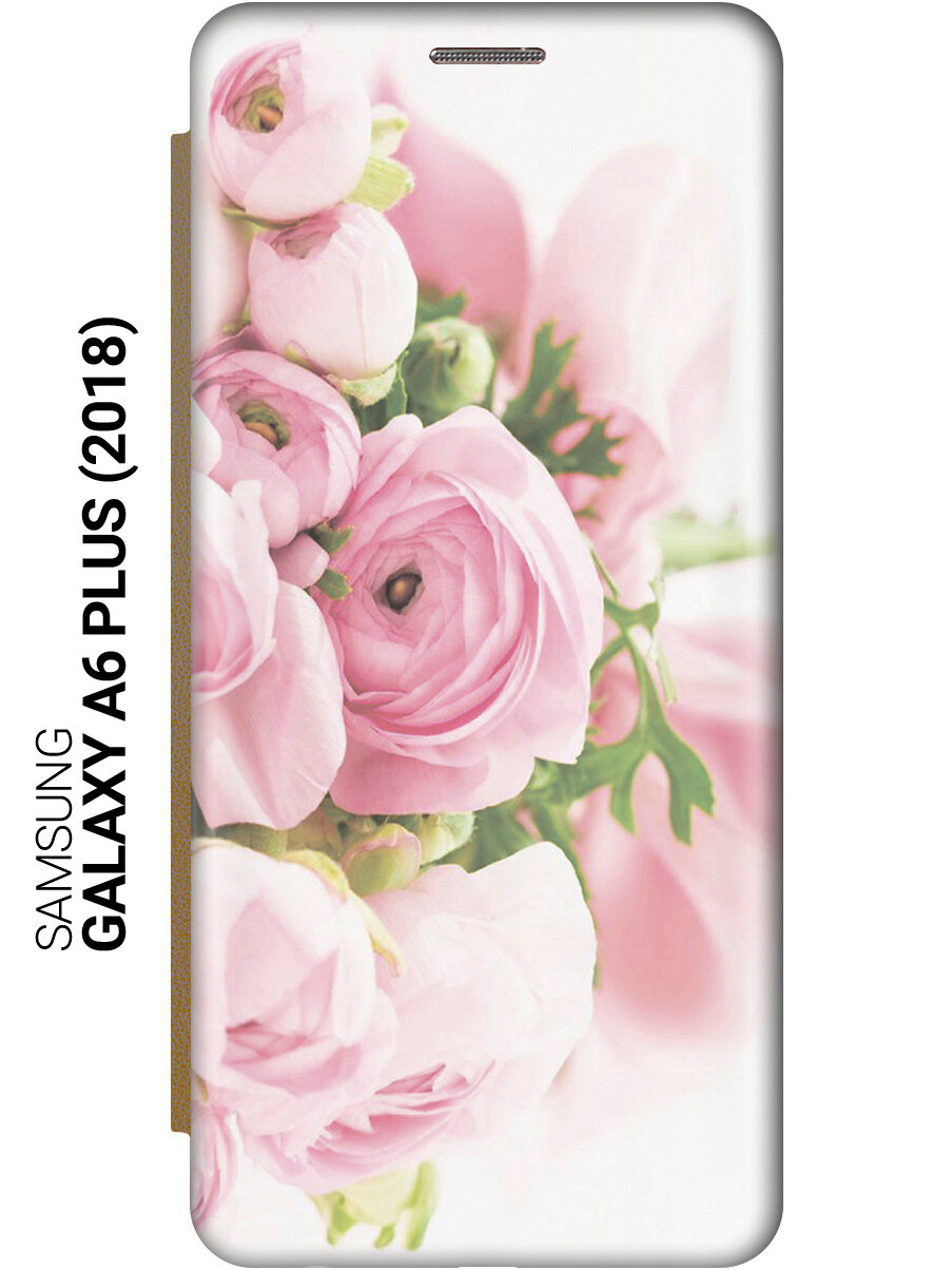 Чехол-книжка на Samsung Galaxy A6+ (2018), Самсунг А6 Плюс 2018 с 3D принтом "Розовые розы" золотой