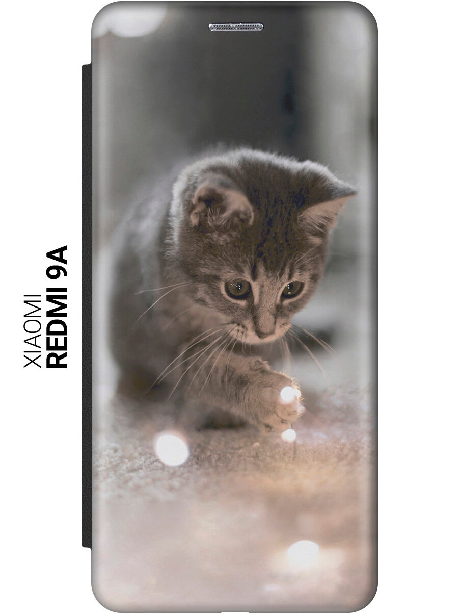 Чехол-книжка на Xiaomi Redmi 9A, Сяоми Редми 9А с 3D принтом "Котенок и свет" черный